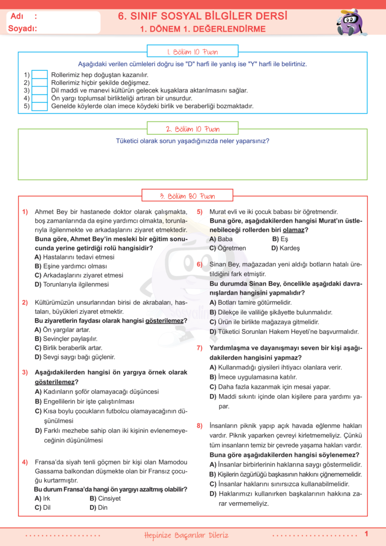 6.Sınıf Sosyal Bilgiler 1.Dönem 1.Yazılı Soru ve Cevapları - Evdeki Hocam