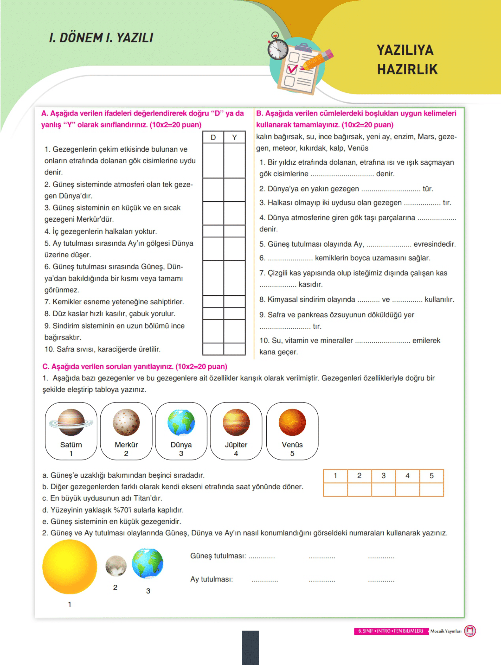6.Sınıf Fen Bilimleri 1.Dönem 1.Yazılı (Cevap Anahtarlı) - Evdeki Hocam